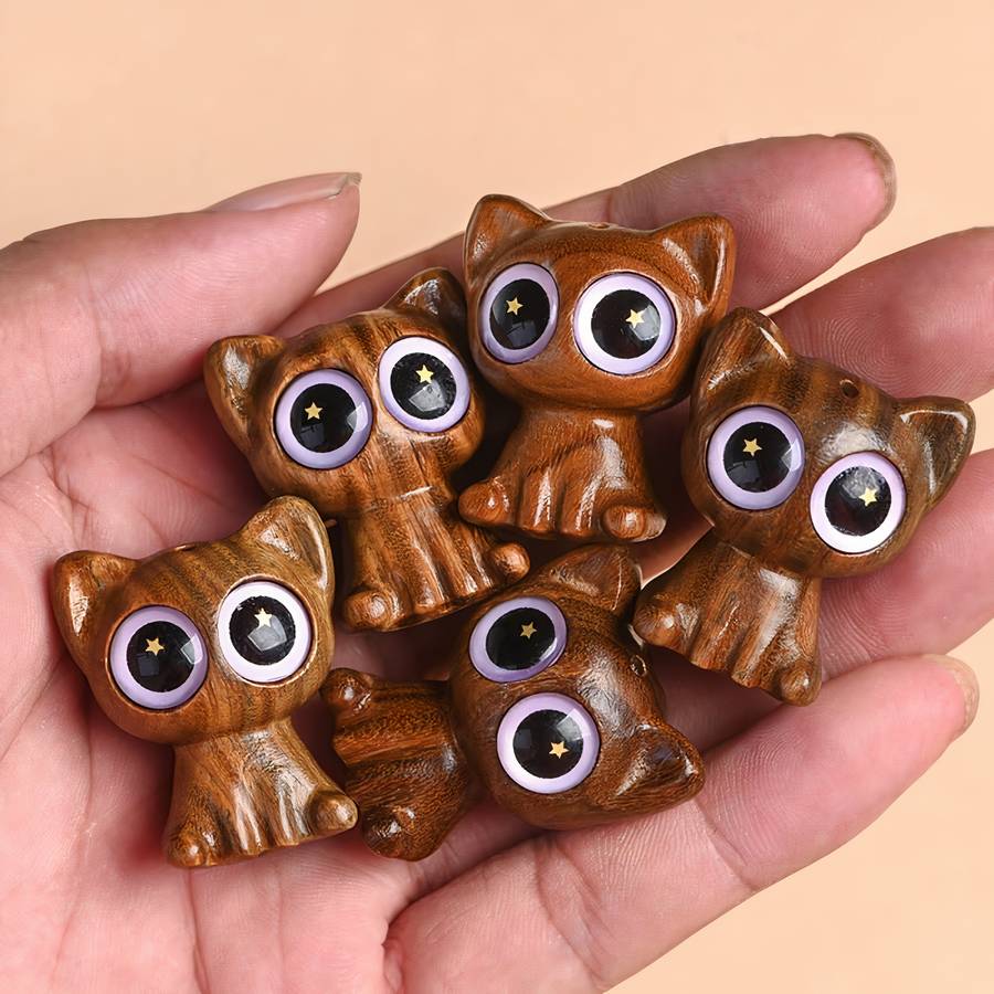 Statuette adorable de chat aux grands yeux en bois - Chatounette
