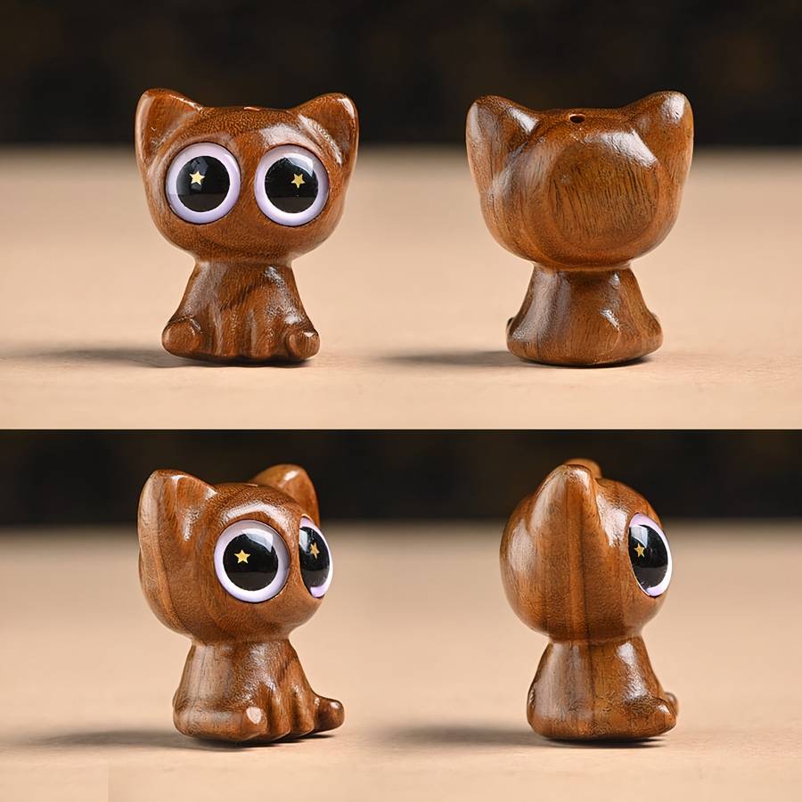 Statuette adorable de chat aux grands yeux en bois - Chatounette