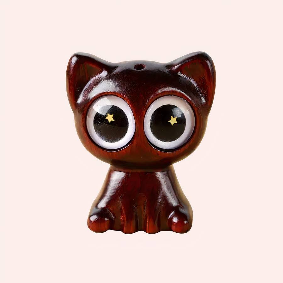 Statuette adorable de chat aux grands yeux en bois - Chatounette